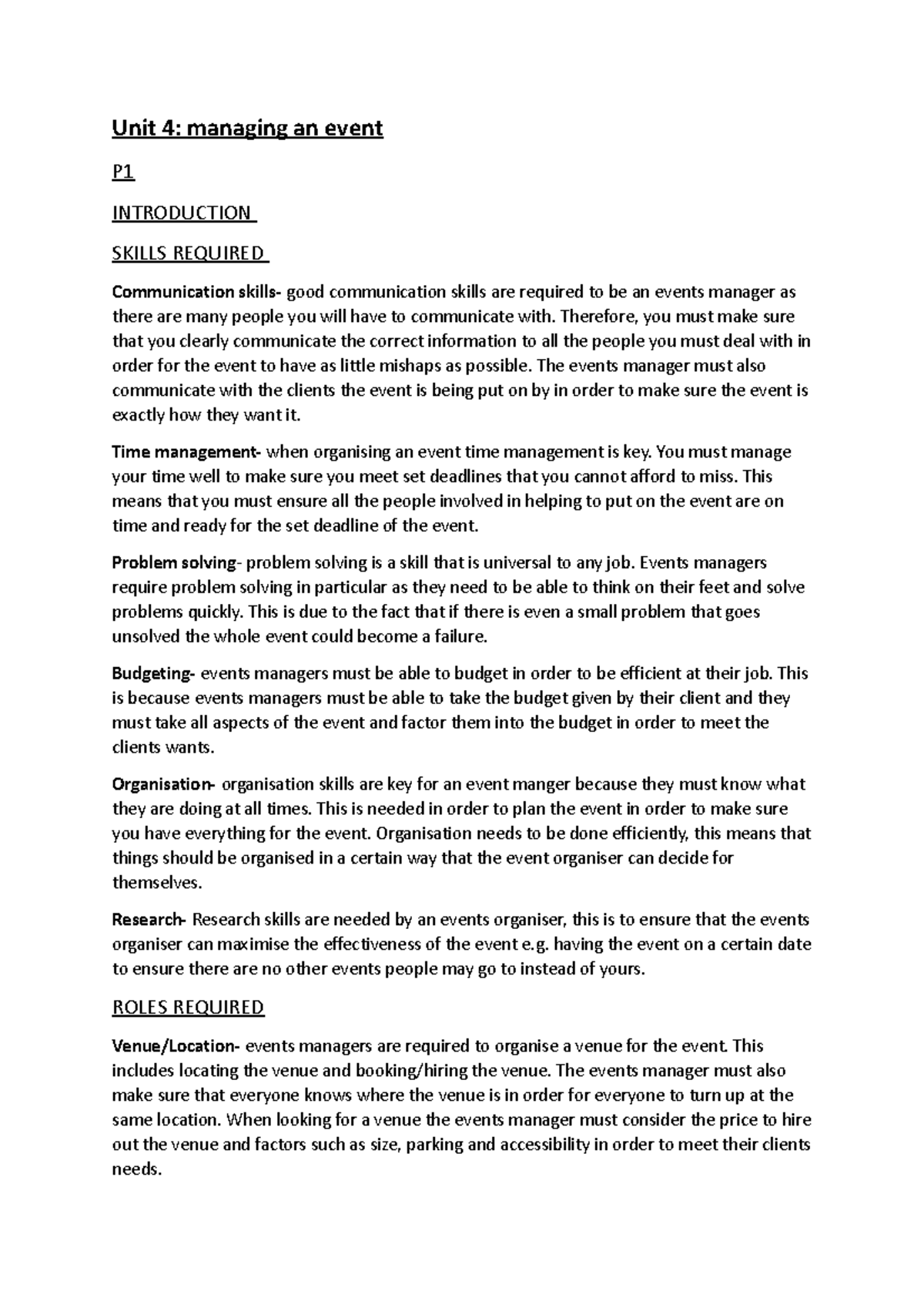 Unit 4 Assignment - Unit 4: managing an event P INTRODUCTION SKILLS ...