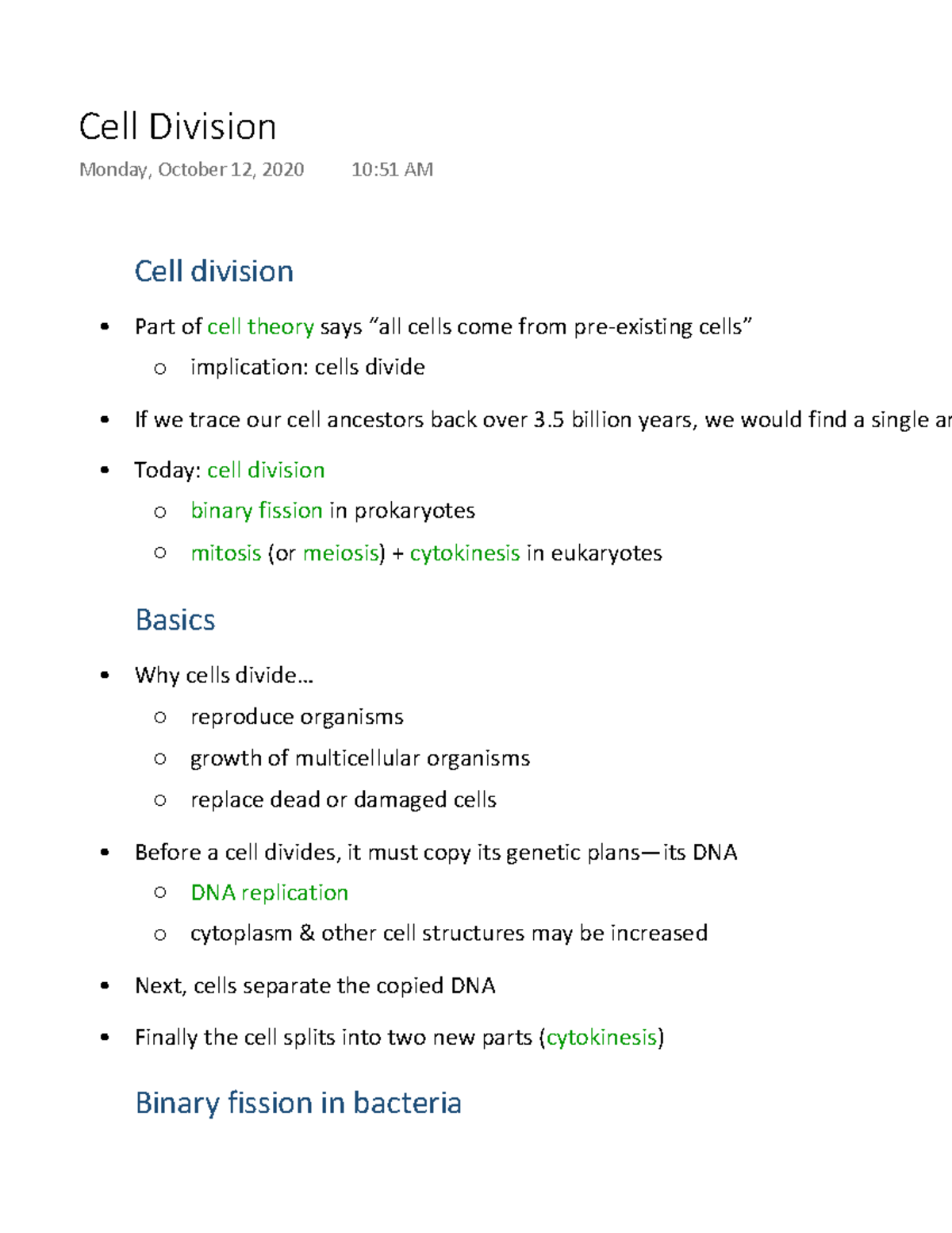 Cell Division - notes - Cell division Part of cell theorysays “all ...