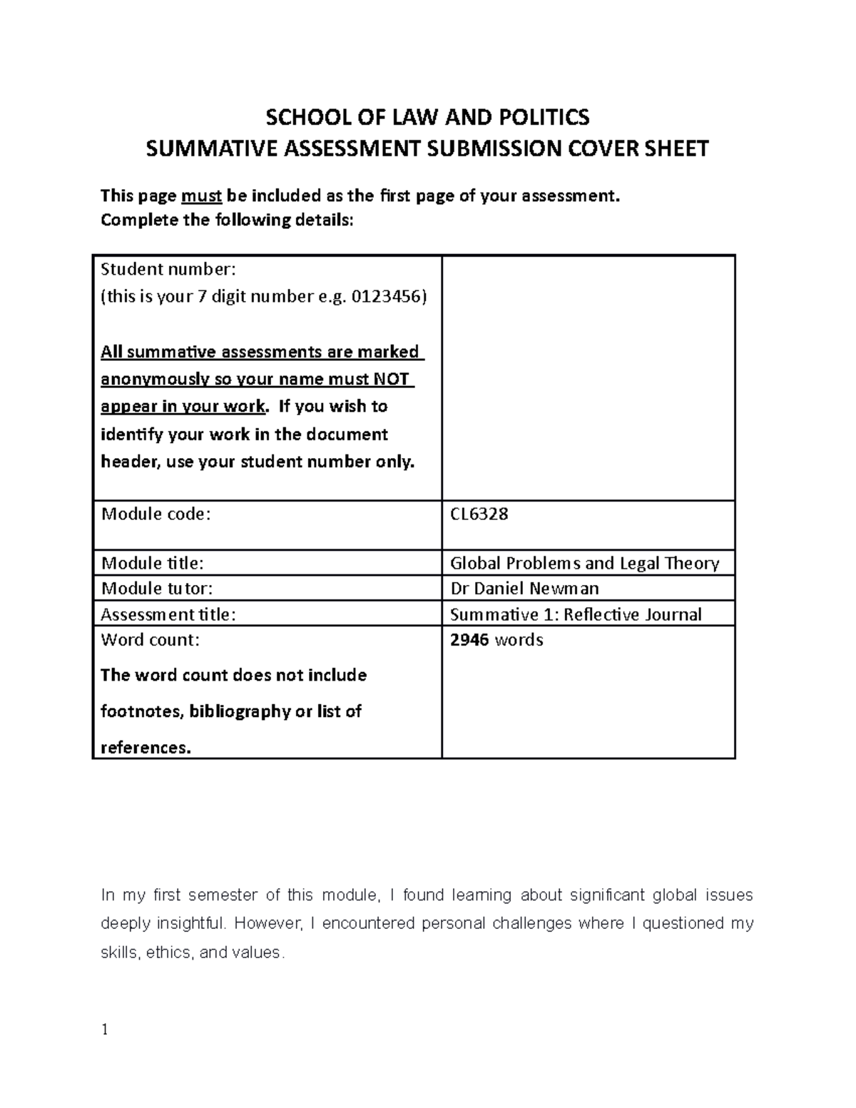 1st Class Example 9 - Tess - SCHOOL OF LAW AND POLITICS SUMMATIVE ...