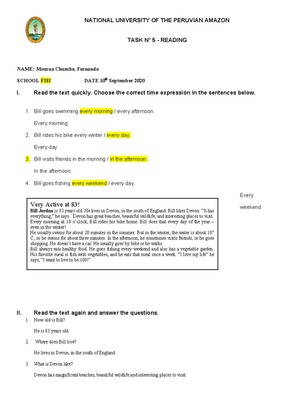 Reading UNIT 4 - Ninguna - NATIONAL UNIVERSITY OF THE PERUVIAN AMAZON TASK N° 5 - READING NAME ...