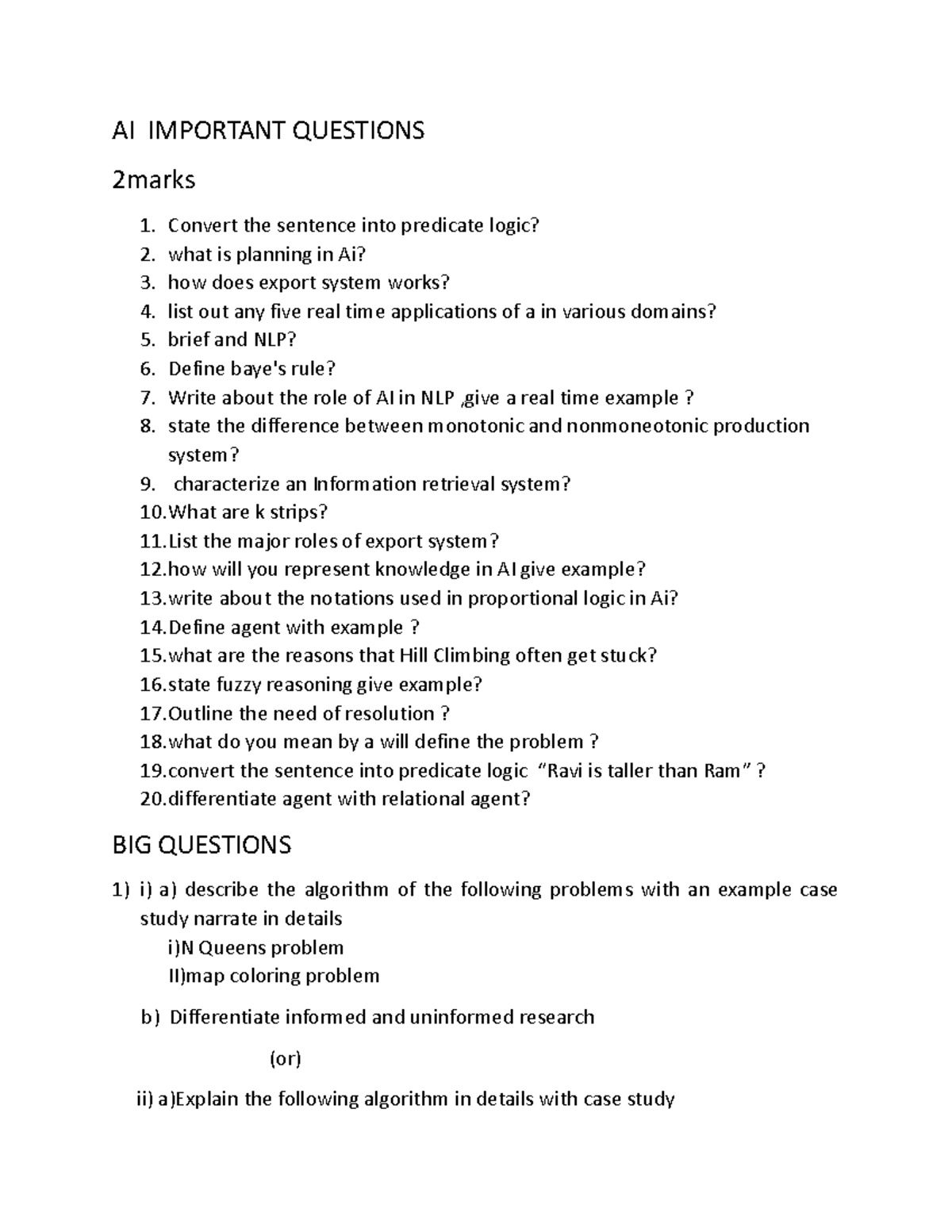 AI Important Questions - AI IMPORTANT QUESTIONS 2marks Convert the ...