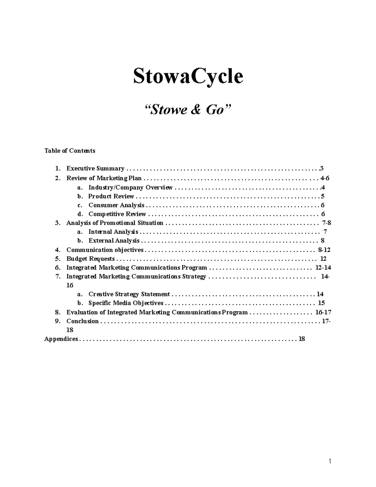 IMC Project example - StowaCycle “Stowe & Go” a. Industry/Company ...