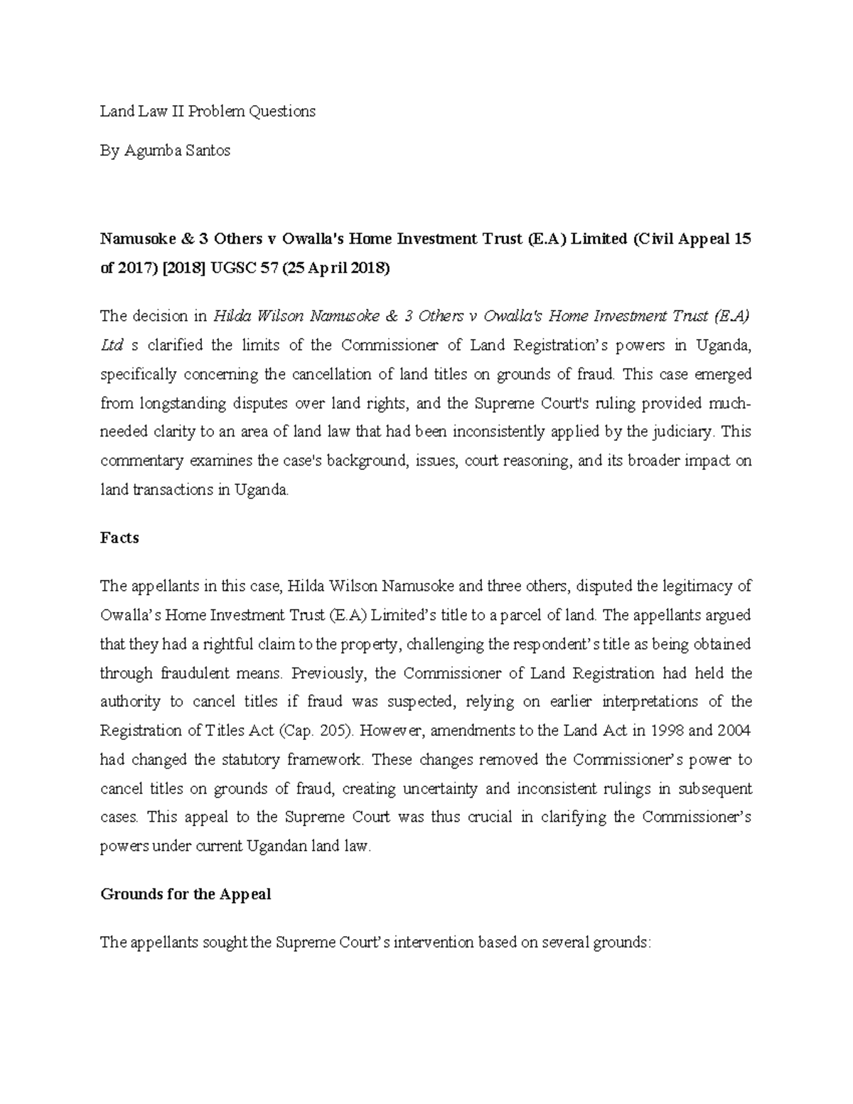 LAND LAW 2 Problem Question - Land Law II Problem Questions By Agumba ...