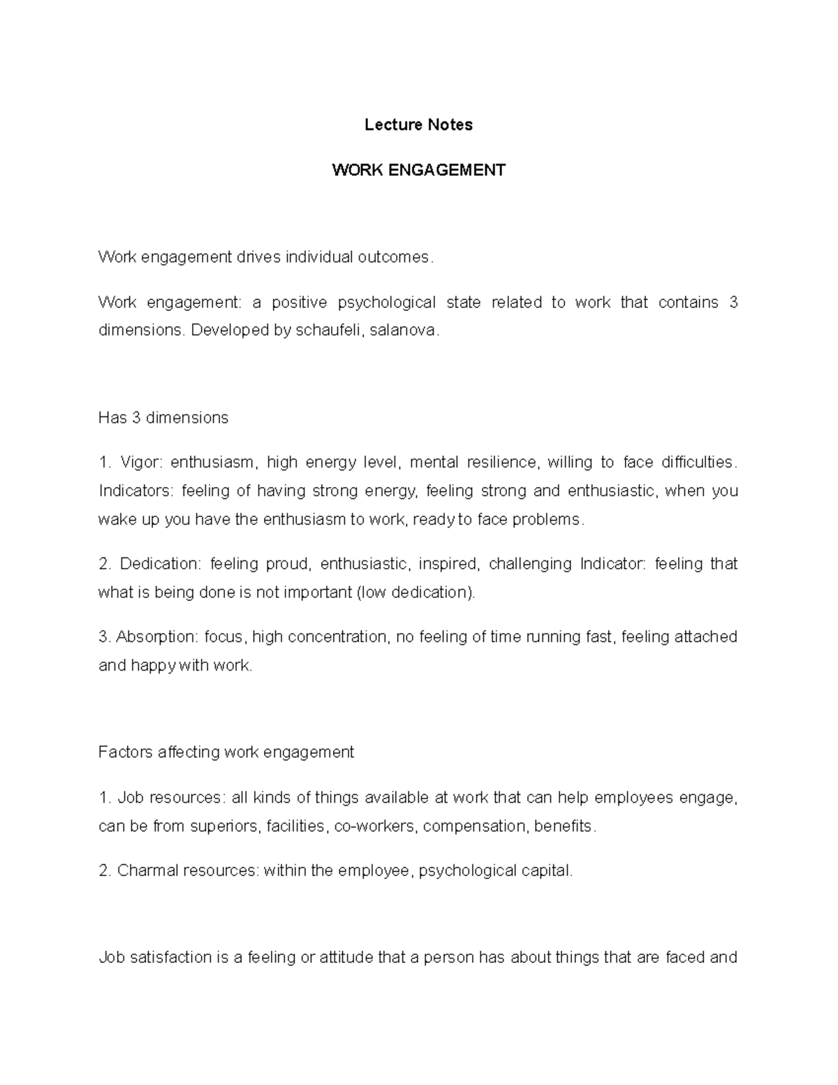 Lecture Notes Work Engagement - Lecture Notes WORK ENGAGEMENT Work ...