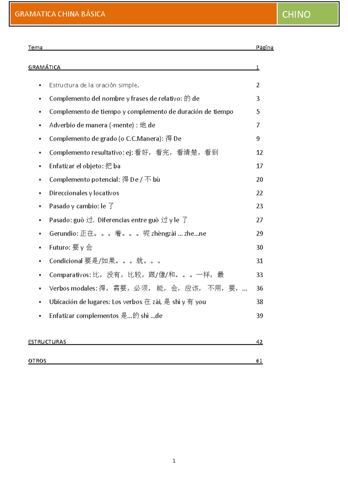Gramática china básica - Tema Página GRAMÁTICA Estructura de la oración ...