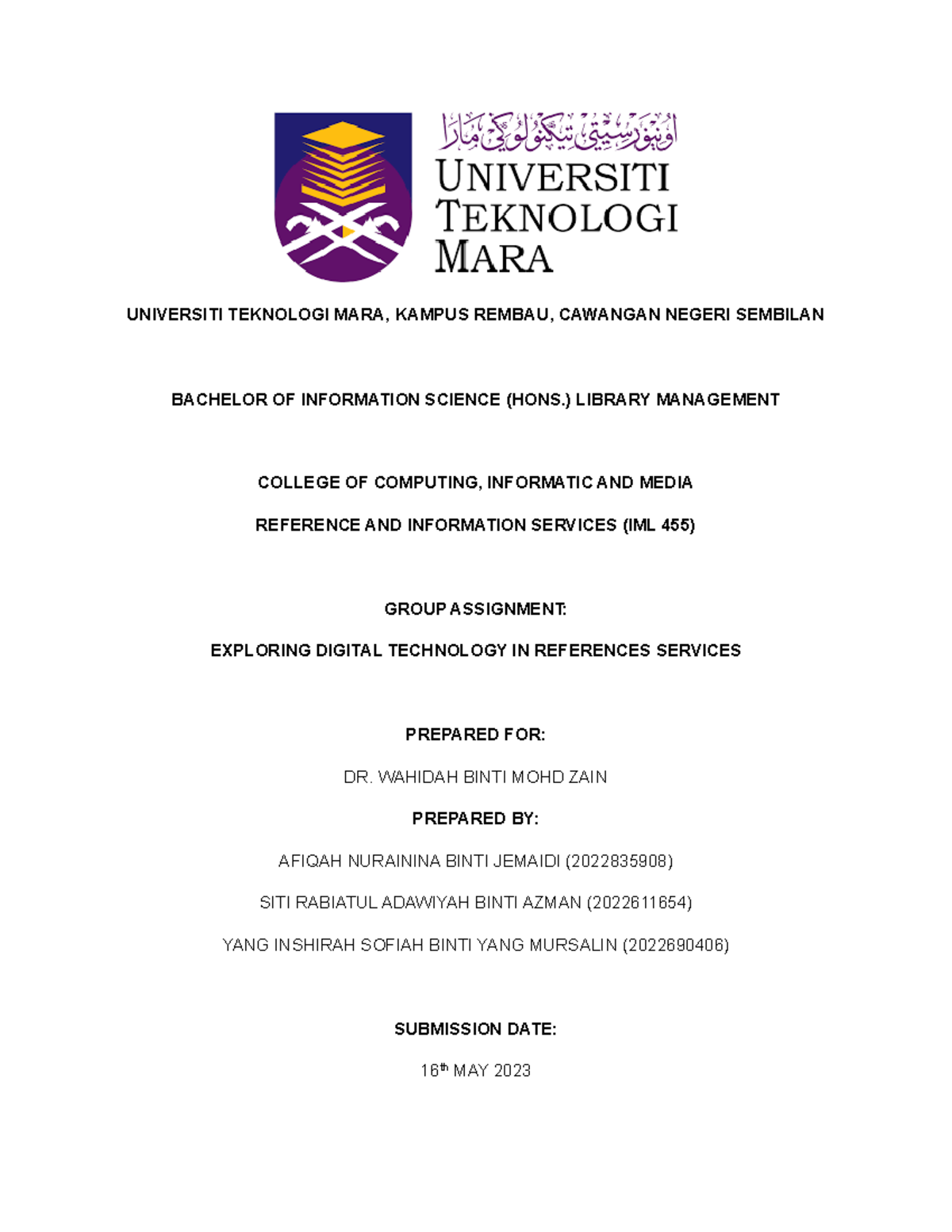 Group Assignment IML455 - UNIVERSITI TEKNOLOGI MARA, KAMPUS REMBAU ...