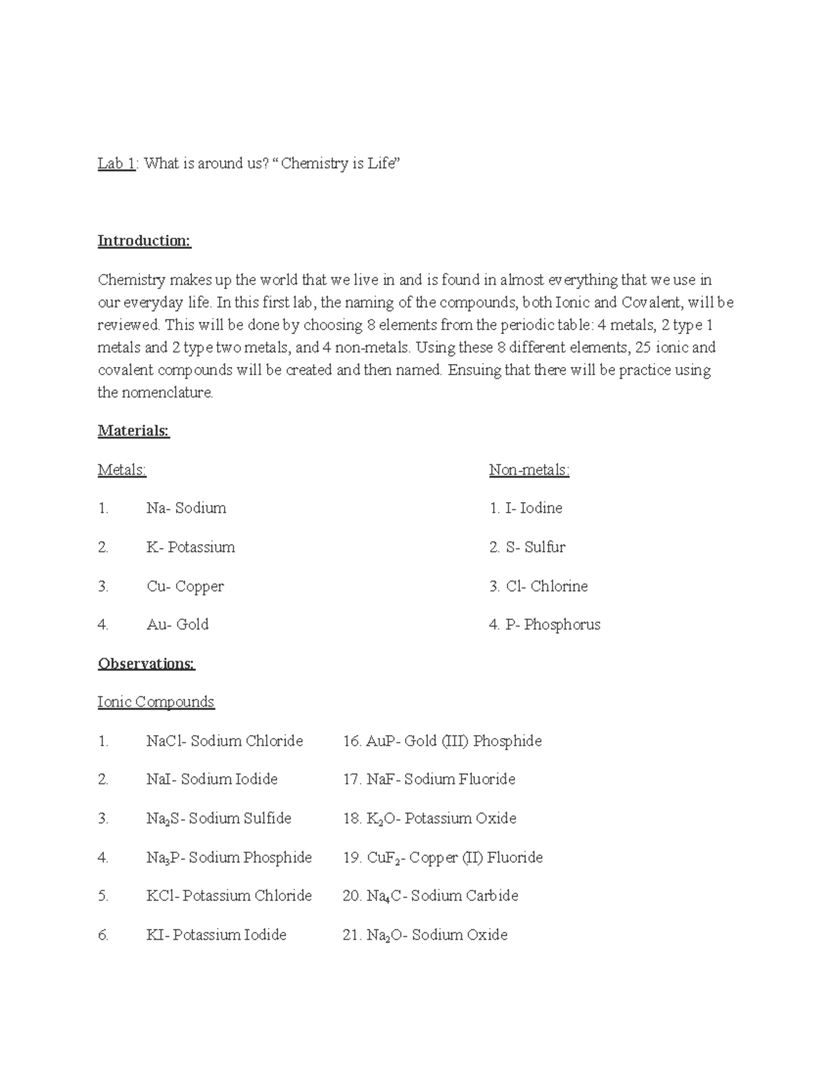 Lab #1 - Lab 1: What is around us? is Introduction: Chemistry makes up ...