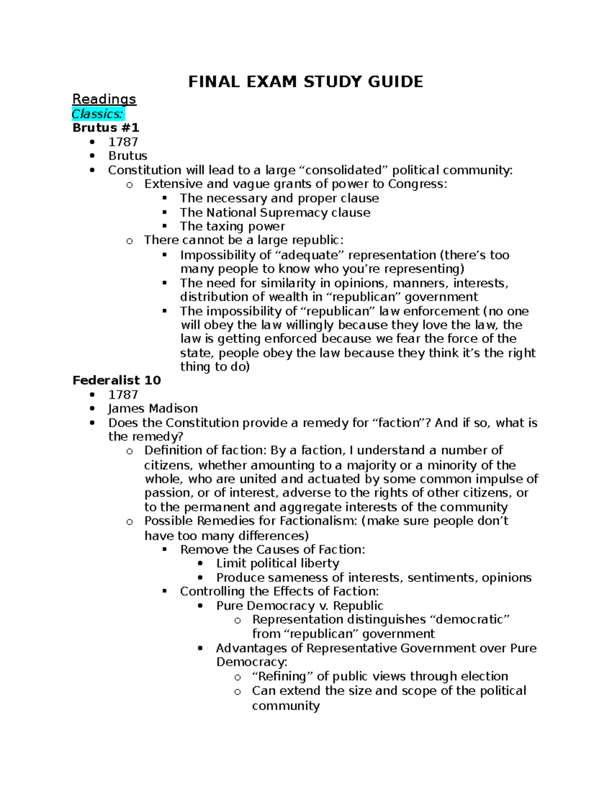 Final Exam Study Sheet - FINAL EXAM STUDY GUIDE Readings Classics ...