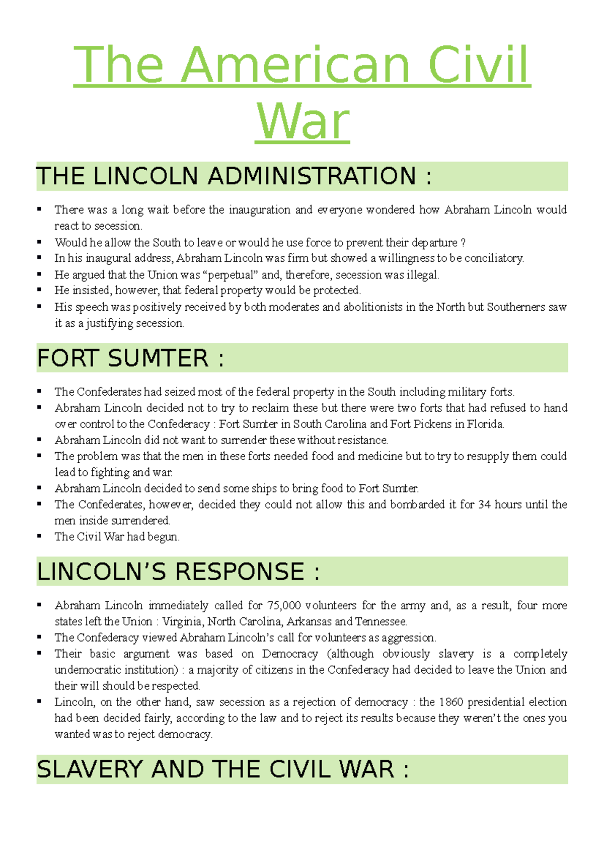 The American Civil War and Lincoln's Administration - The American ...