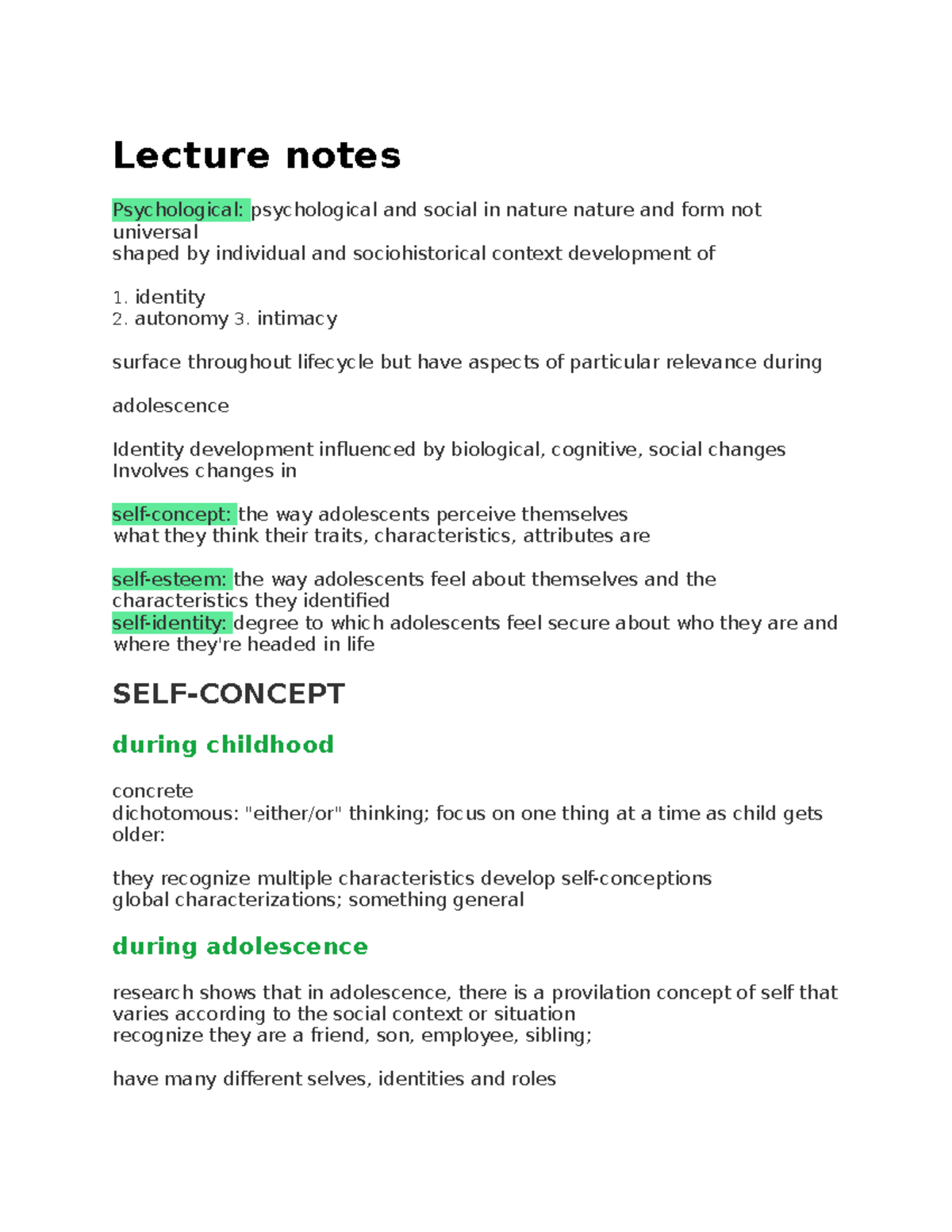 Psychosocial Issues- Identity Development - Lecture notes Psychological ...