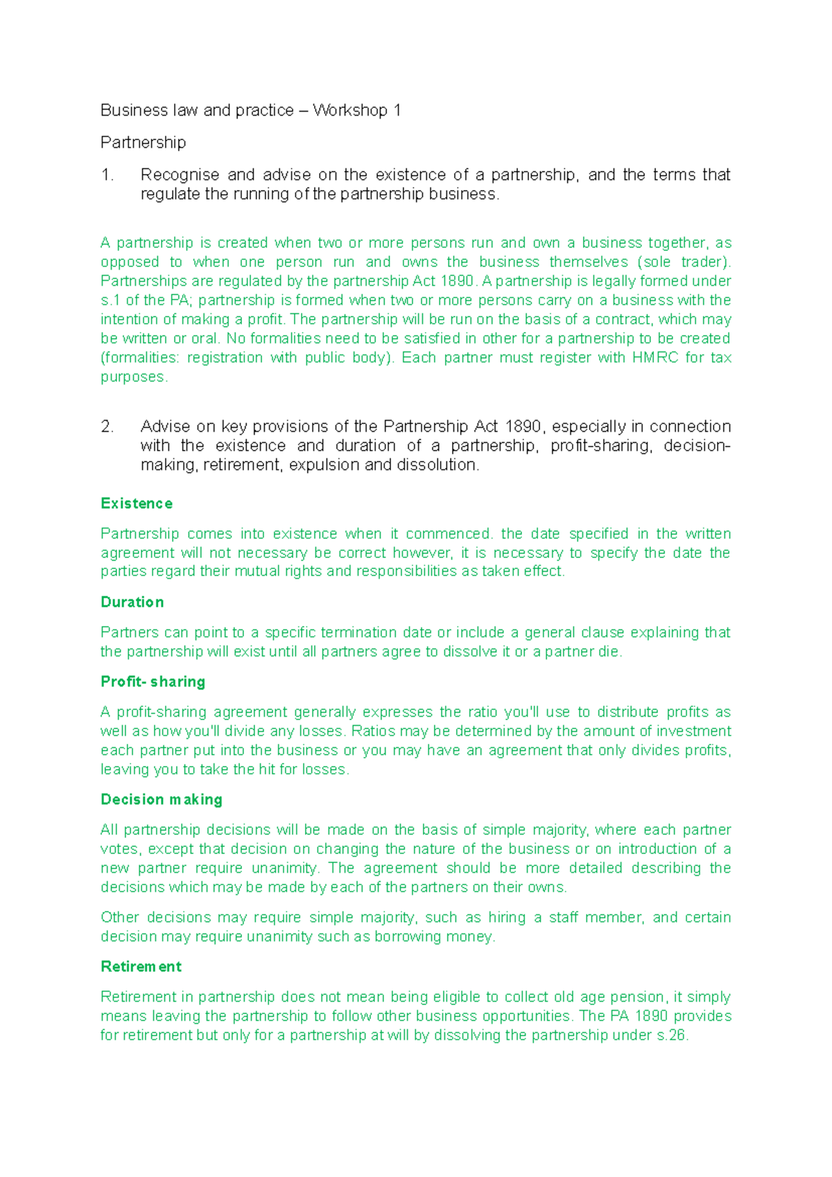 Partnership exam notes - Business law and practice – Workshop 1 ...