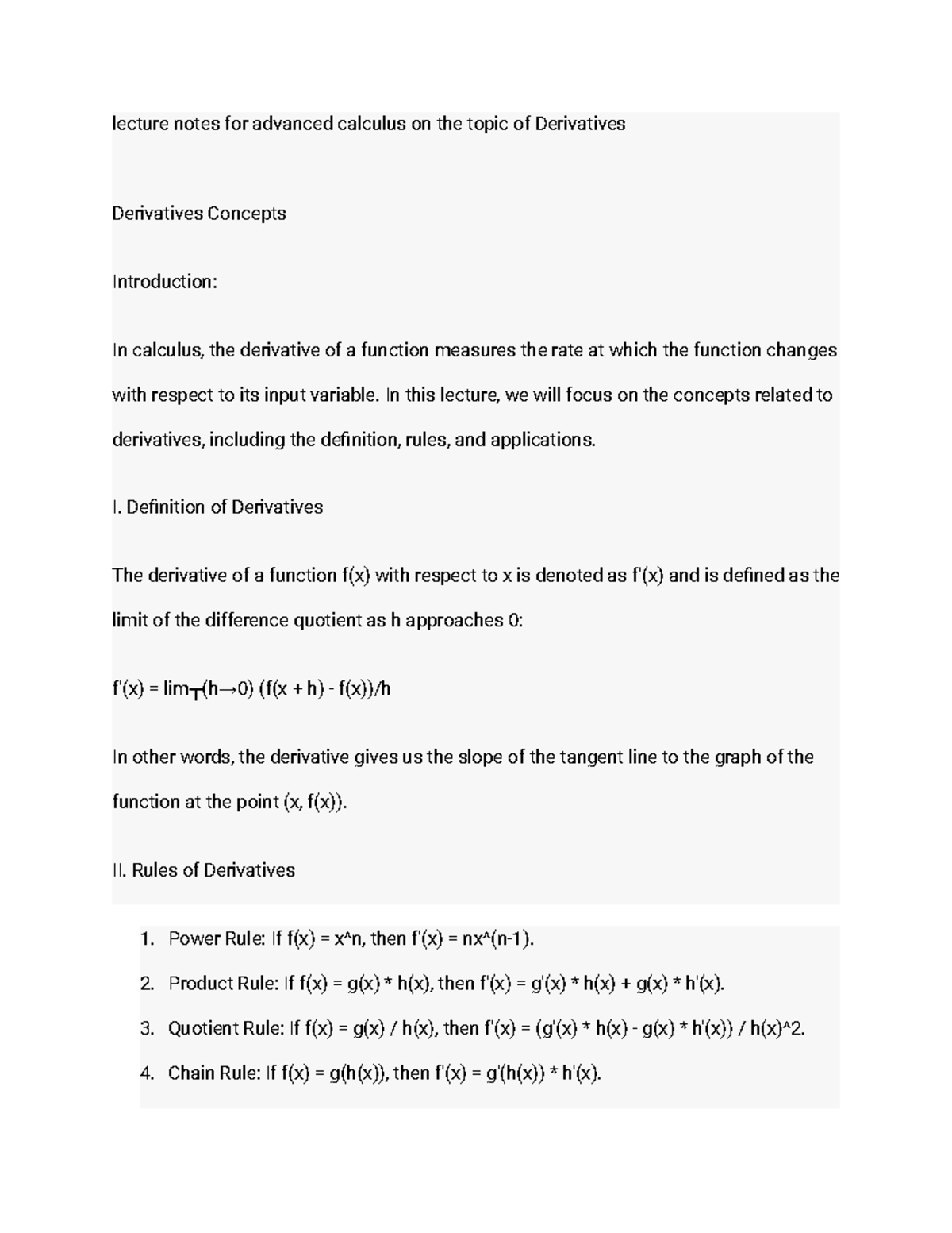 Lecture notes for advanced calculus on the topic of Derivatives ...