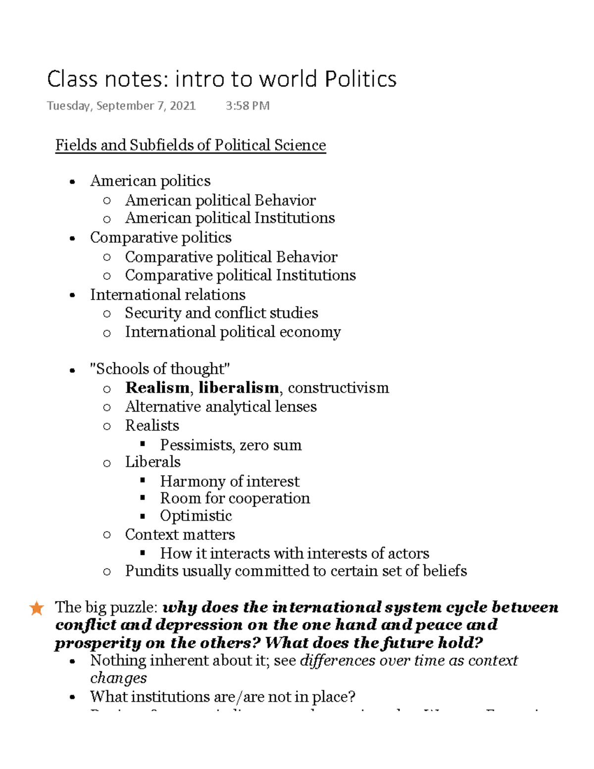 Class notes intro to world Politics - Fields and Subfields of Political ...