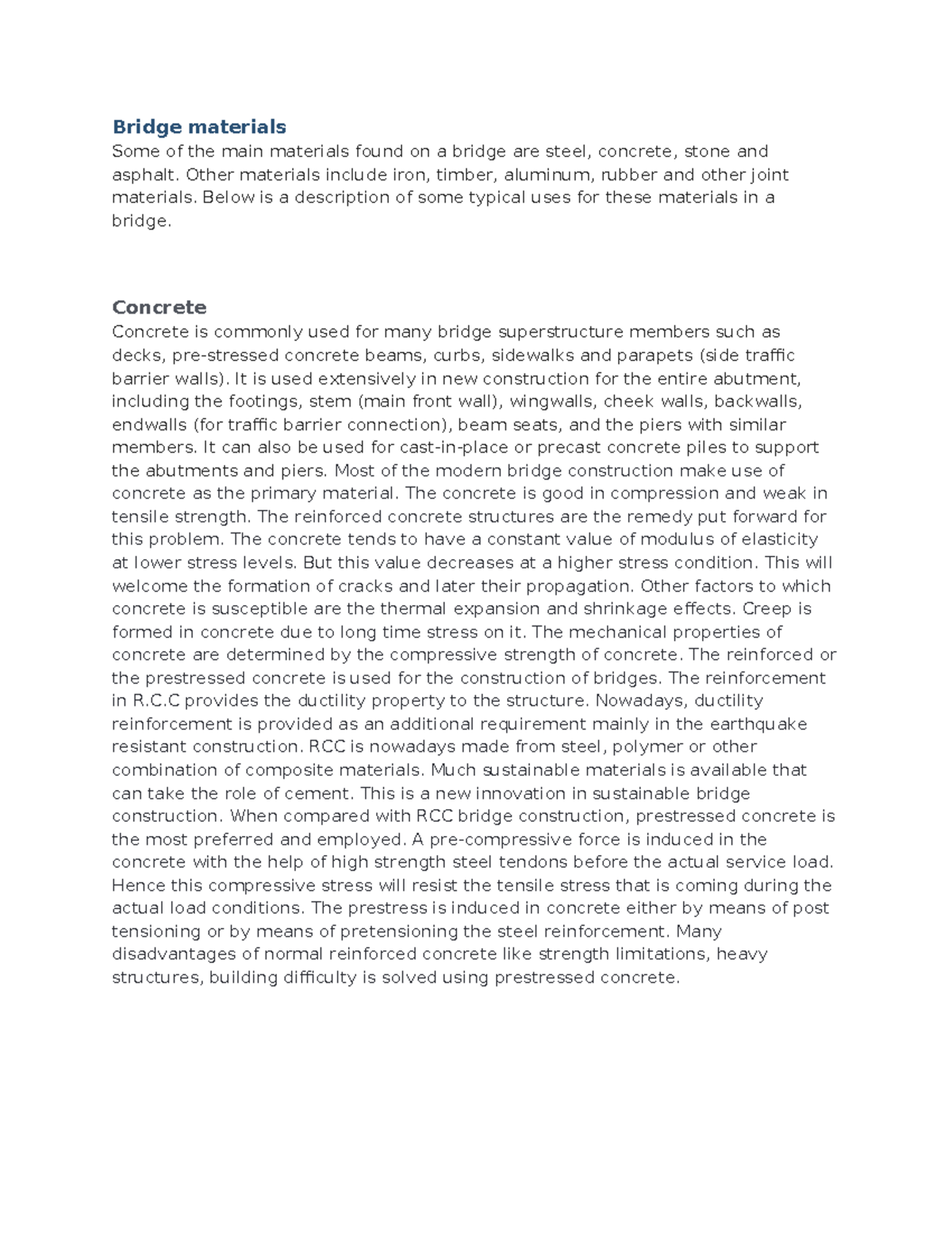 Bridge materials - ####### Bridge materials Some of the main materials ...