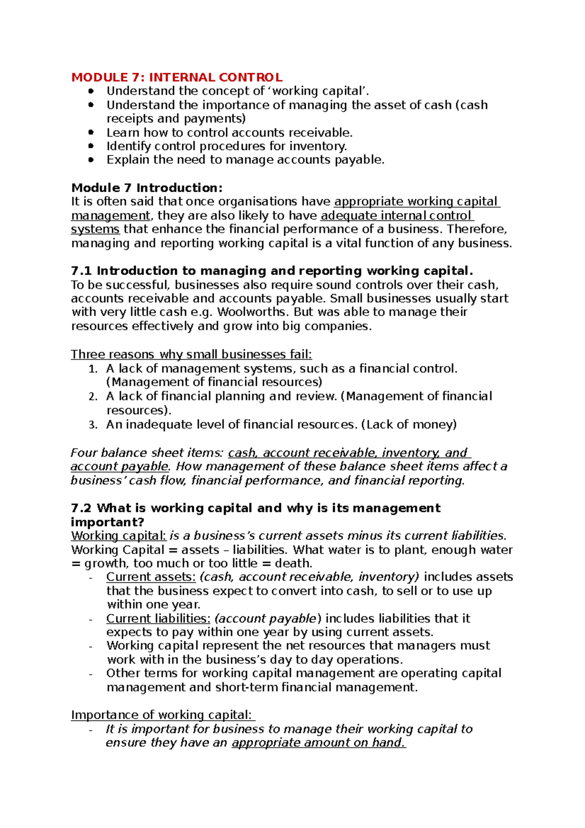 Module 7 - 13 - Lecutre notes - MODULE 7: INTERNAL CONTROL Understand ...