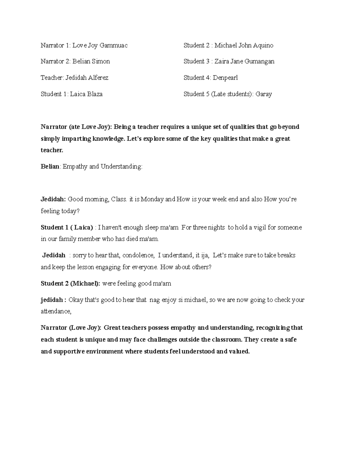 Script-group-6 - Lesson for prof Ed 12 - Narrator 1: Love Joy Gammuac ...