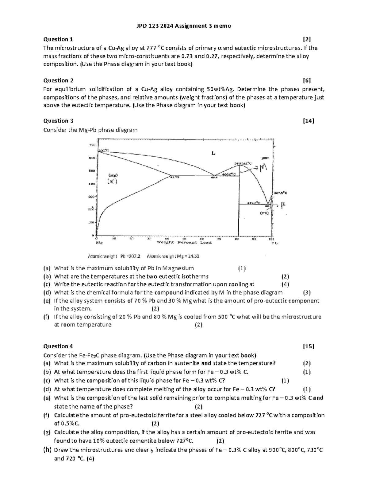 JPO 123 Assignment 3 2024 - Binary Phase Diagrams - JPO 123 202 4 ...