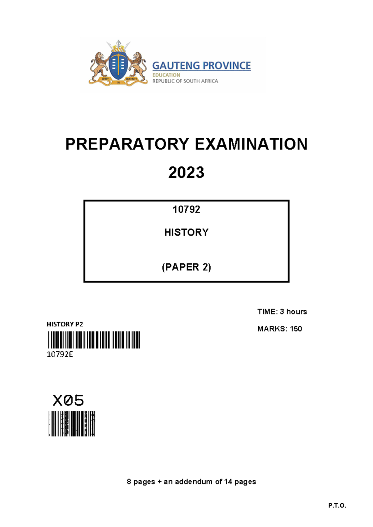 Gr 12 History P2 (English) Question Paper - PREPARATORY EXAMINATION 2023 10792 HISTORY (PAPER 2 ...