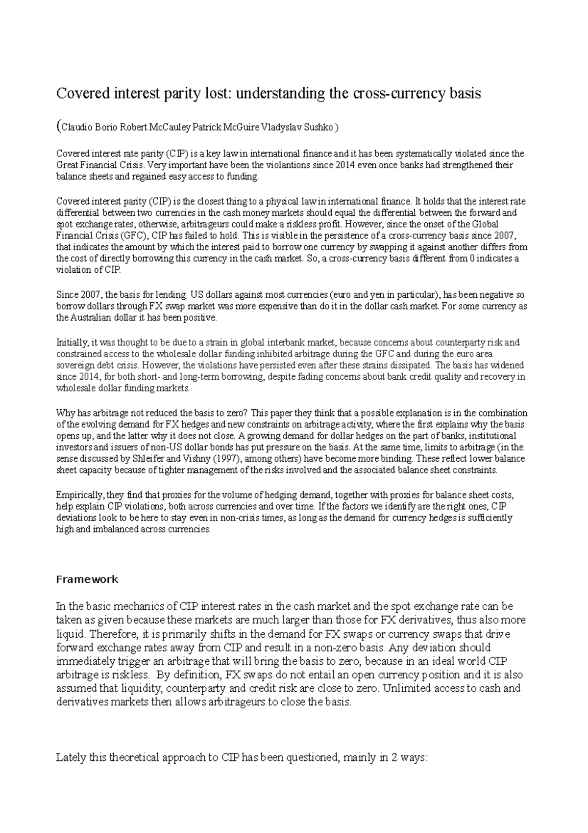 Paper week 3 - Covered interest parity lost: understanding the cross-currency basis (Claudio ...