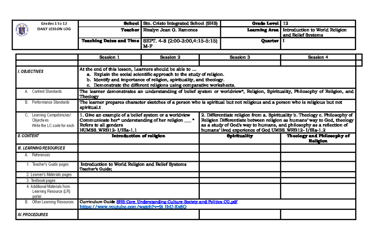 WEEK 1 - First lesson for IWRBS - Grades 1 to 12 DAILY LESSON LOG ...