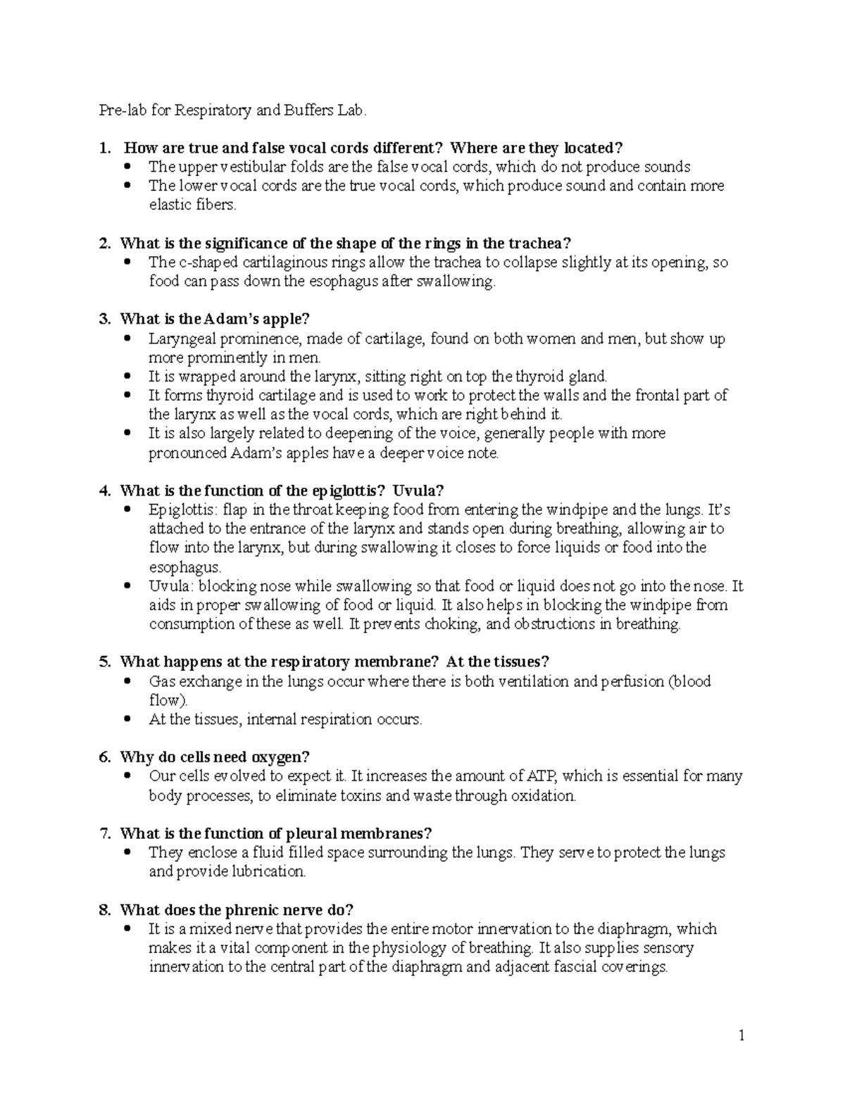 Lab 6 Pre-lab for respiratory and buffers - Pre-lab for Respiratory and ...