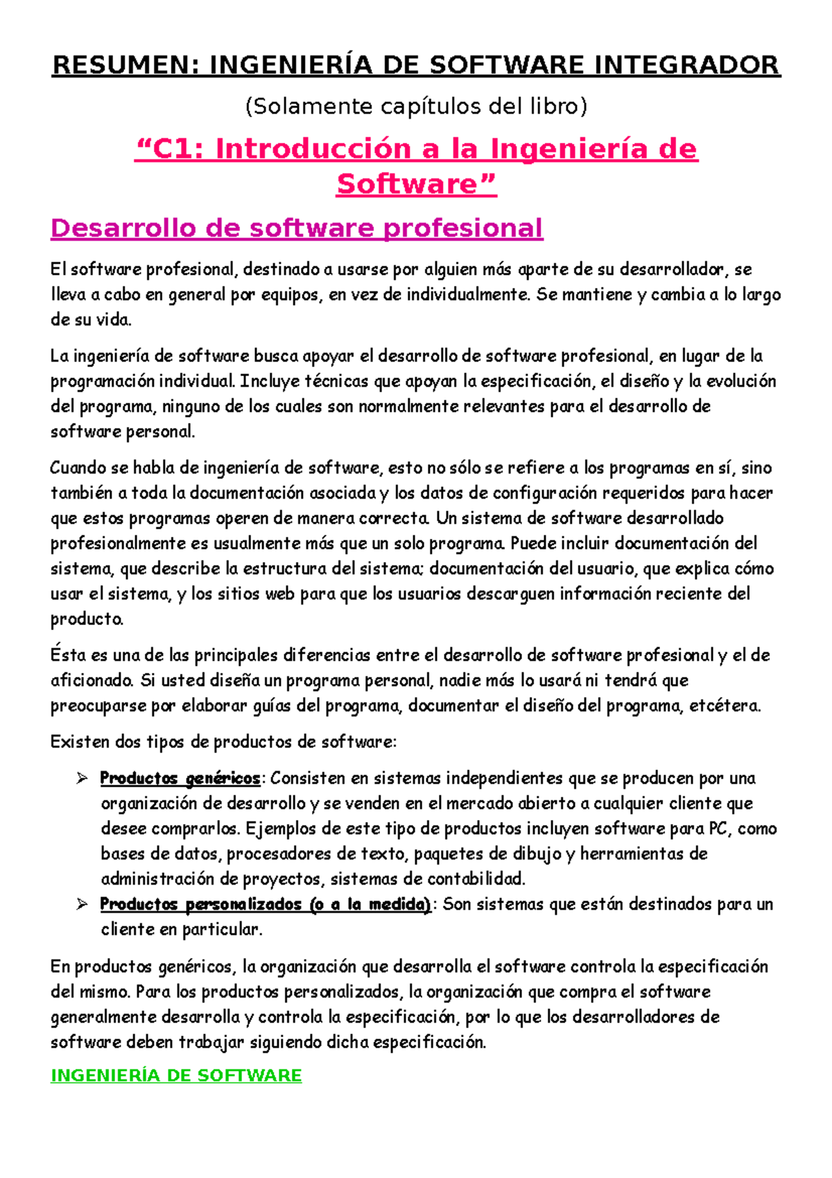 Resumen Ing. de Software. Capitulos del libro - RESUMEN: INGENIERÍA DE ...