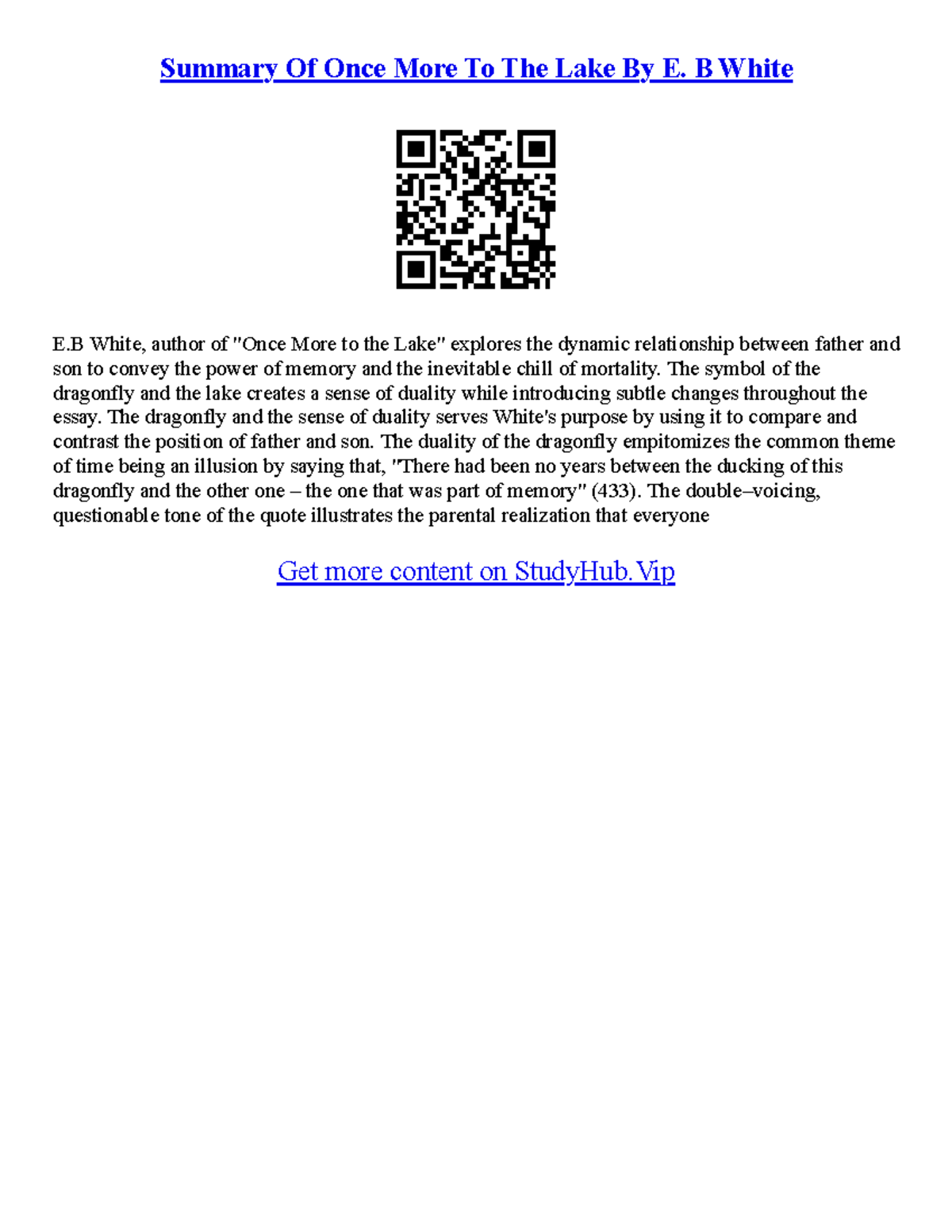 Once More To The Lake Essay - B White E White, author of "Once More to ...