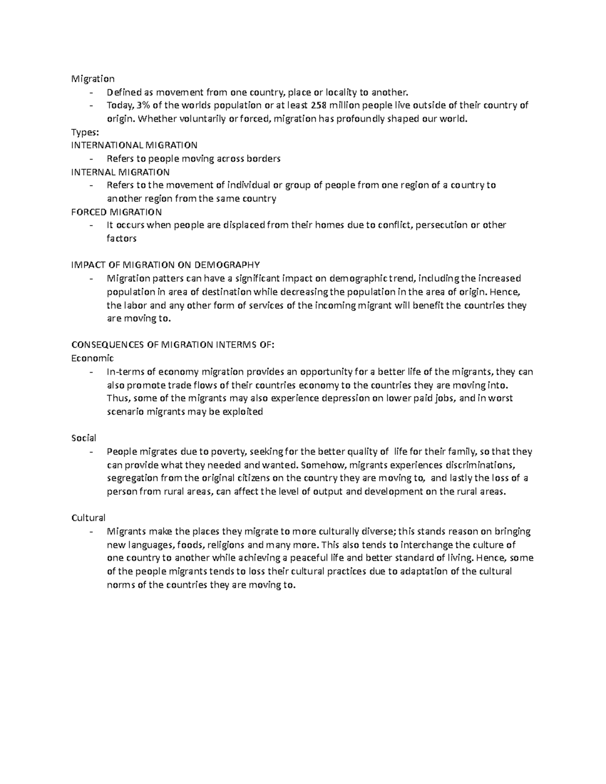 Migration - notes - Migration - Defined as movement from one country ...