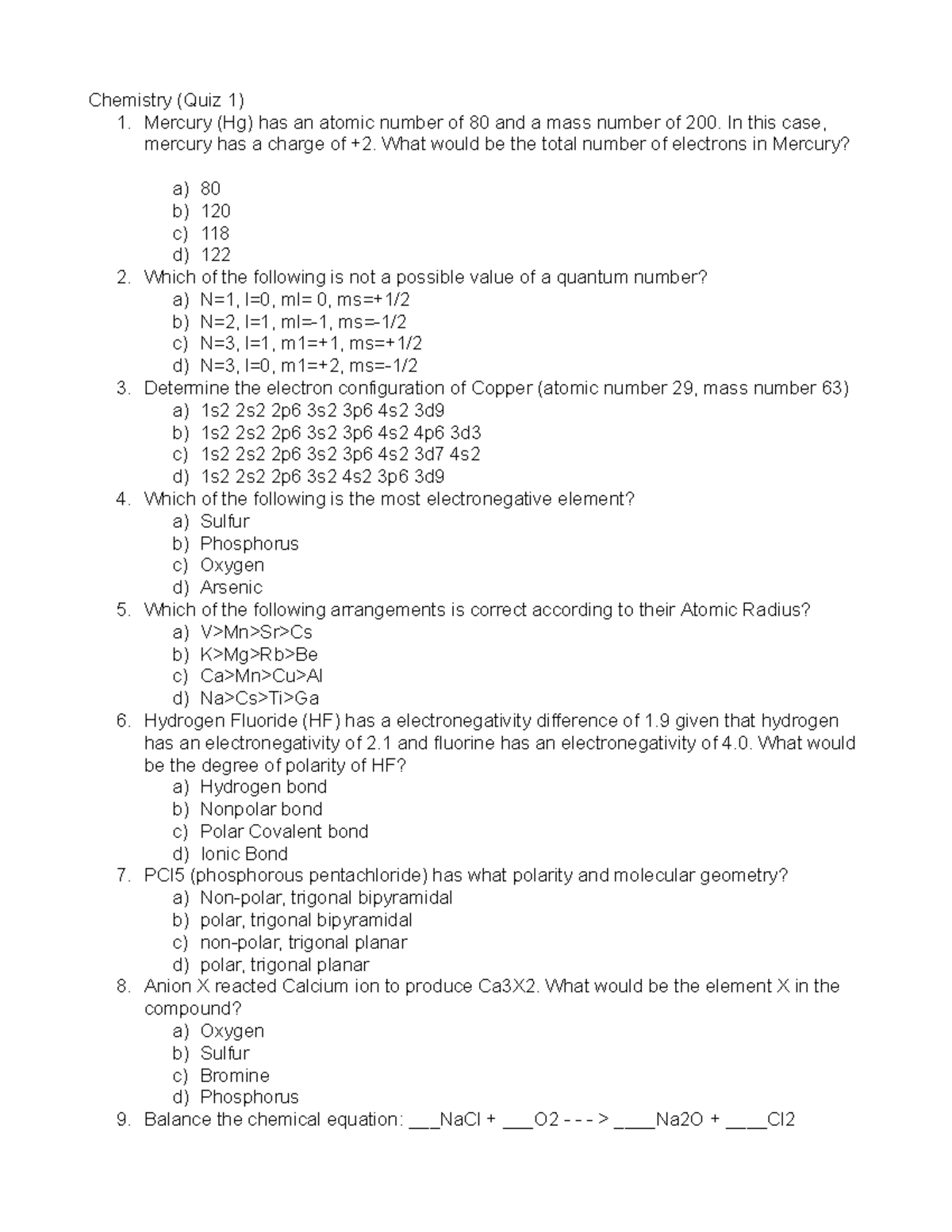 Chemistry (Drill 1) - Chemistry (Quiz 1) 1. Mercury (Hg) has an atomic ...
