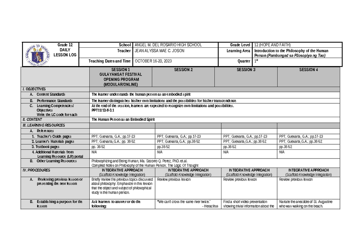 Philo WEEK5 - Grade 12 DAILY LESSON LOG School ANGEL M. DEL ROSARIO ...