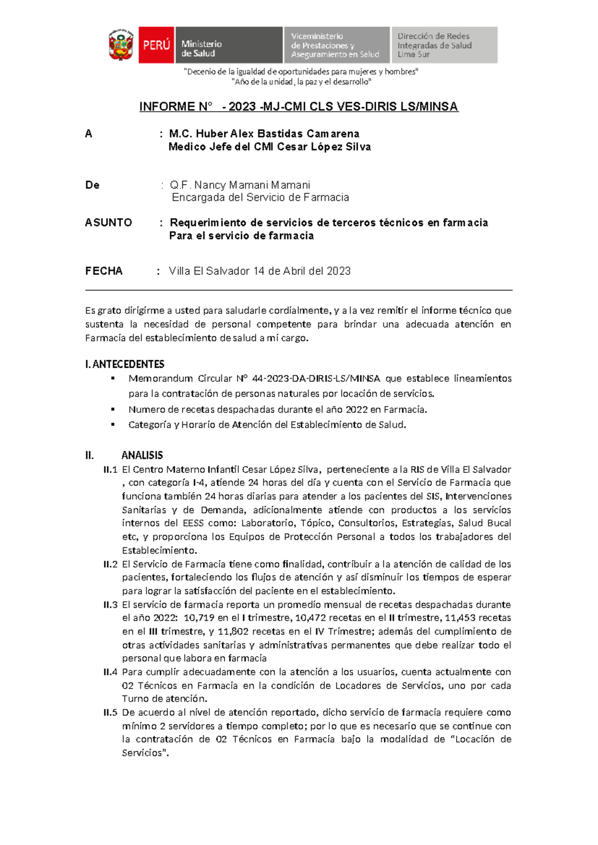 Modelo Informe Técnico DE Requerimiento DE Personal - INFORME N° - 2023 -MJ-CMI CLS VES-DIRIS ...