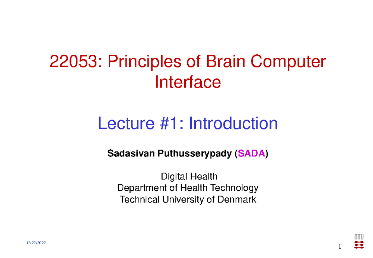 22053 Lecture 1 Introduction - 12/27/ 22053: Principles of Brain ...