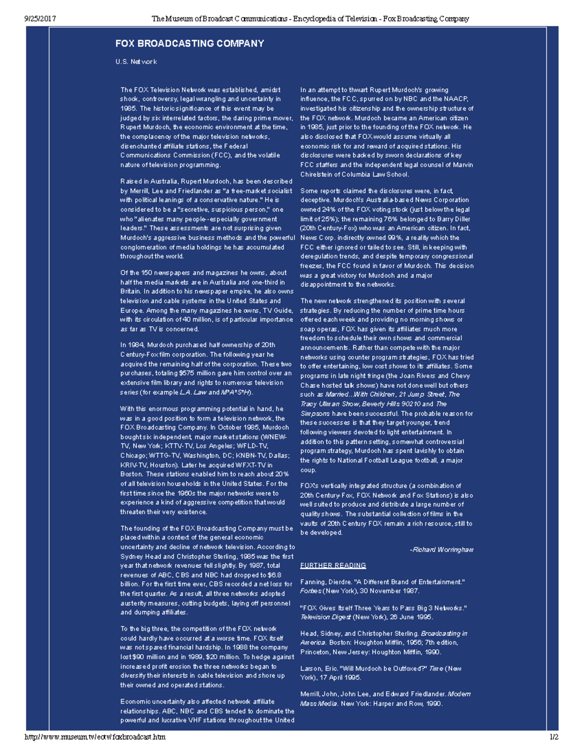 Fox Broadcasting History - 9/25/2017 The Museum of Broadcast ...