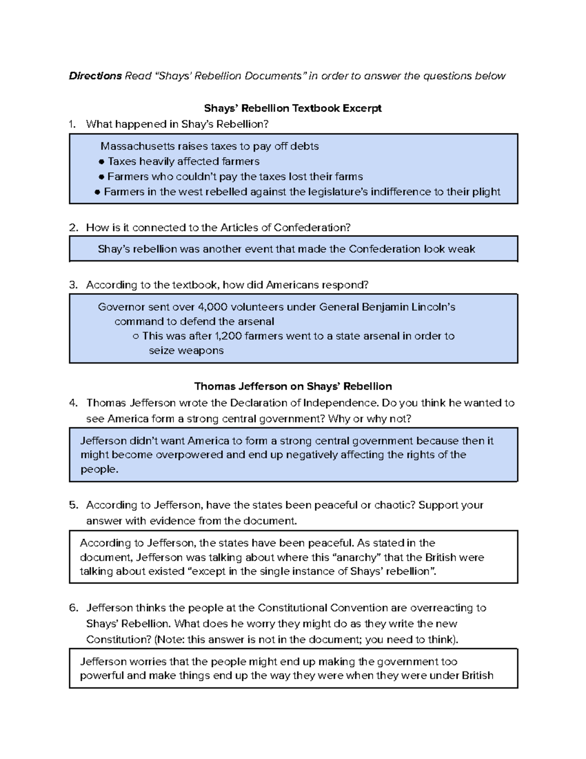 Jalysa Facey - Shays' Rebellion questions - Directions Read “Shays ...