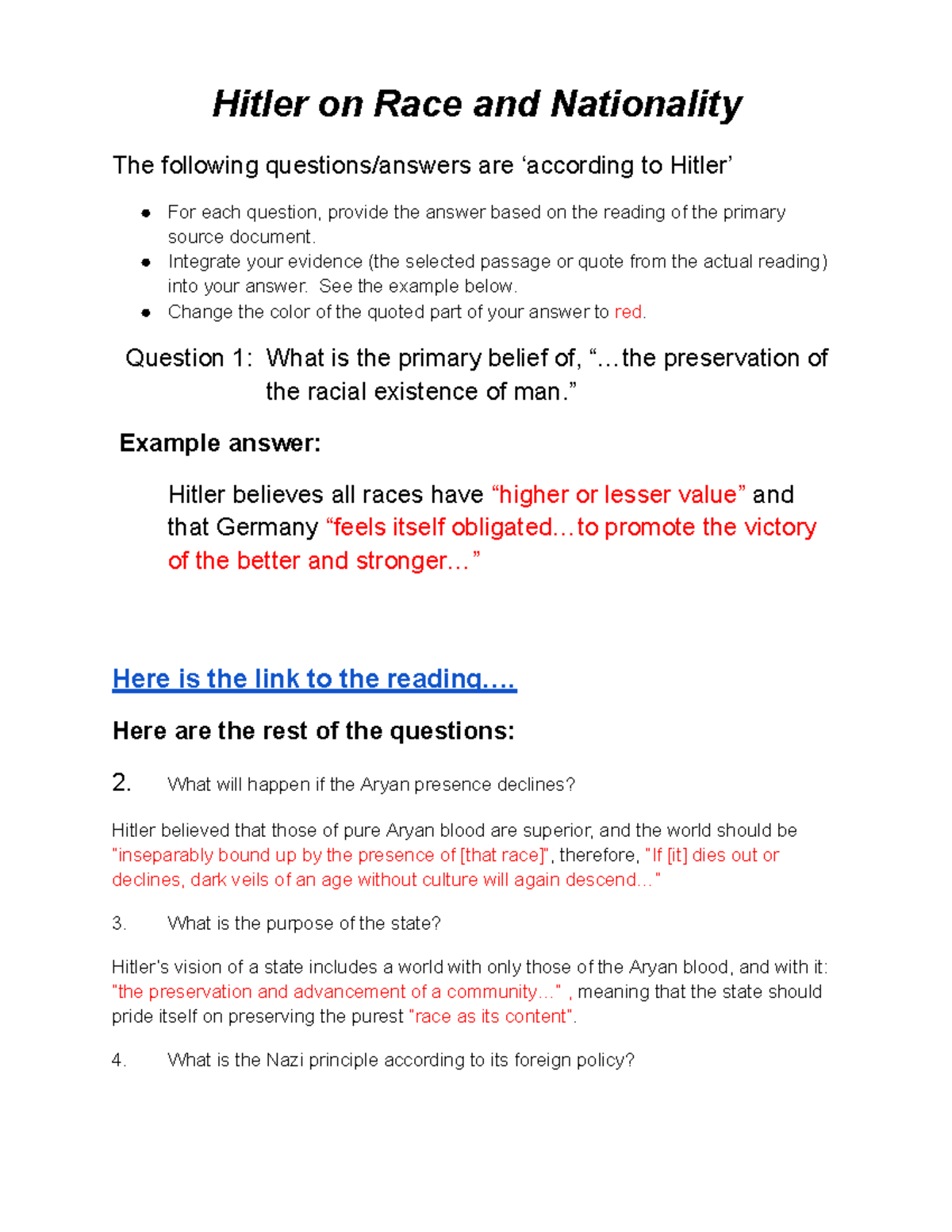 Hitler on Race and Nationality - Integrate your evidence (the selected ...