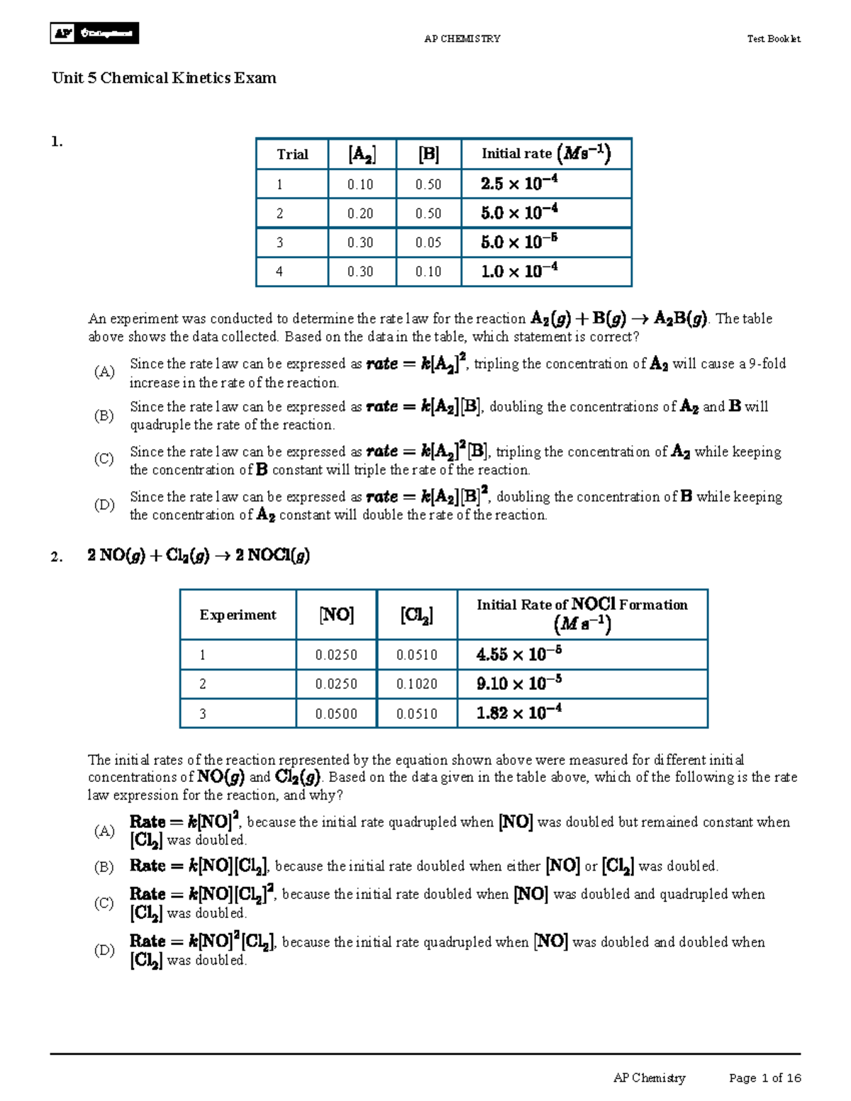 Unit 5 Chemical Kinetics Exam - 1. Trial Initial rate 1 0 0. 2 0 0. 3 0 ...