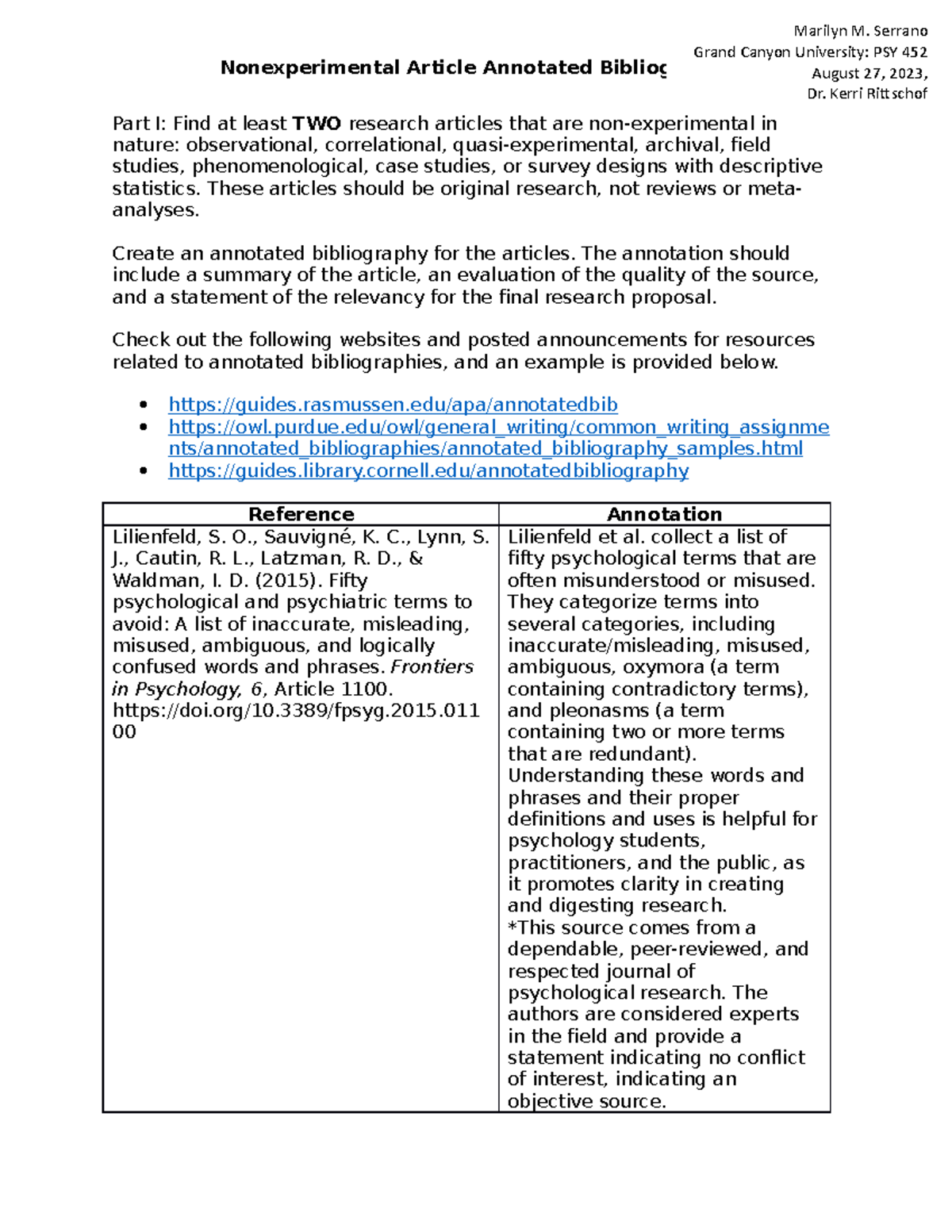 Annotated Bibliography Worksheet - Nonexperimental Article Annotated ...