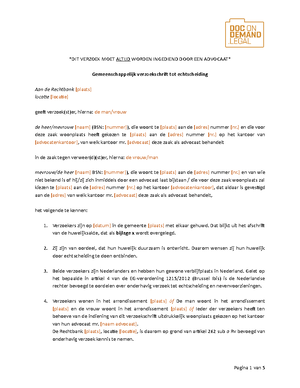 Model Verzoekschrift voor aanvraag echtscheiding op grond van een ...