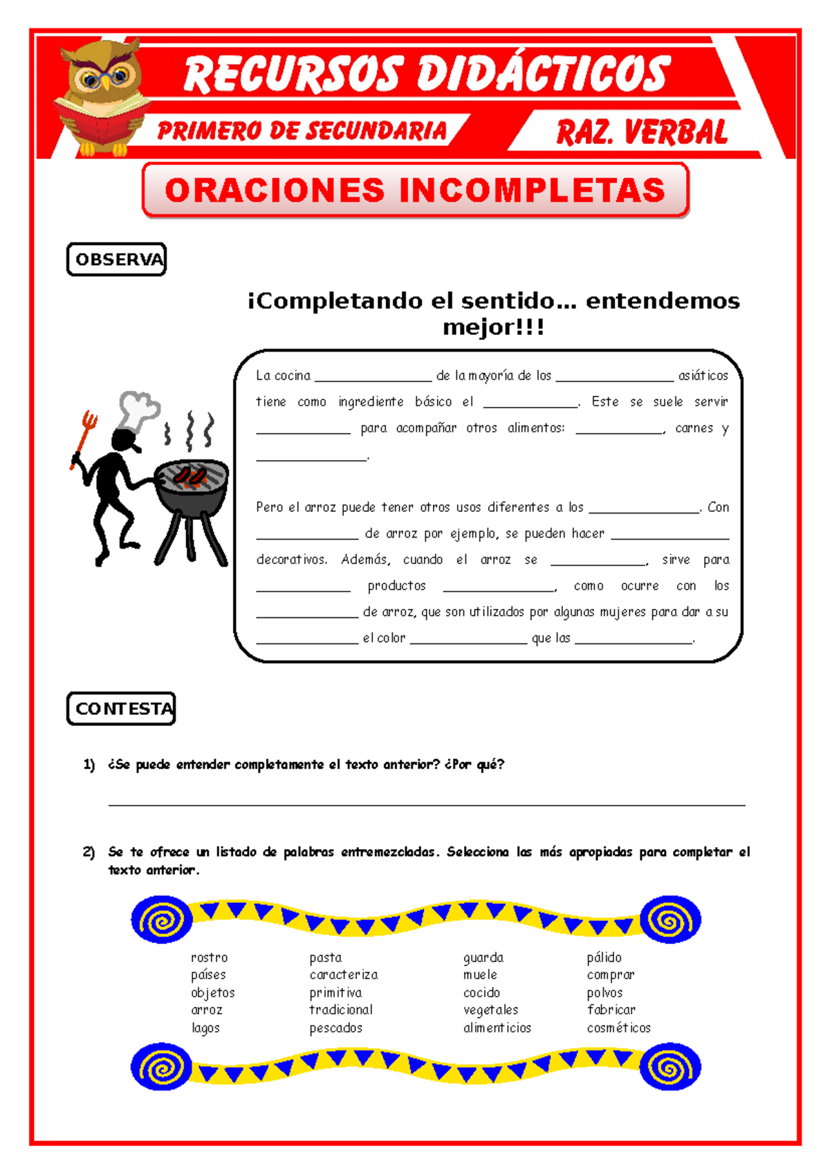 Las Oraciones Incompletas para Primero de Secundaria - ORACIONES ...