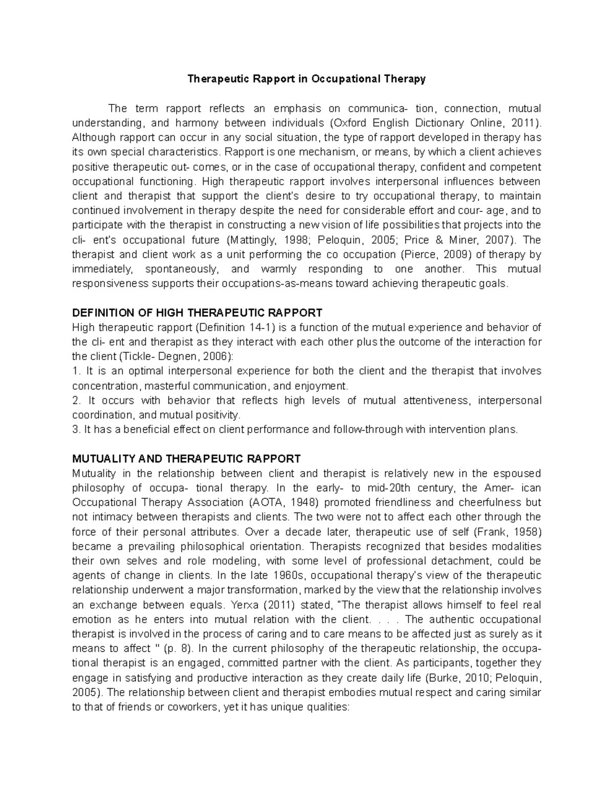 Therapeutic Rapport in Occupational Therapy - Although rapport can ...