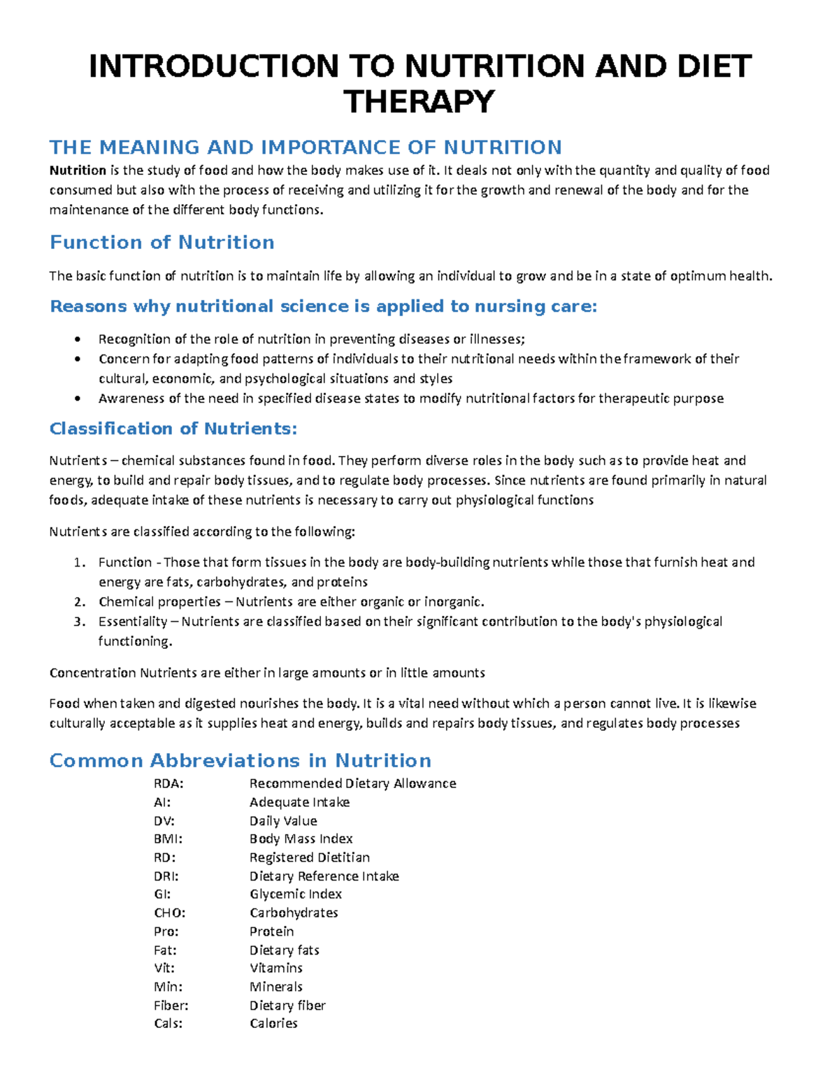 Introduction to Nutrition and Diet Therapy - INTRODUCTION TO NUTRITION ...