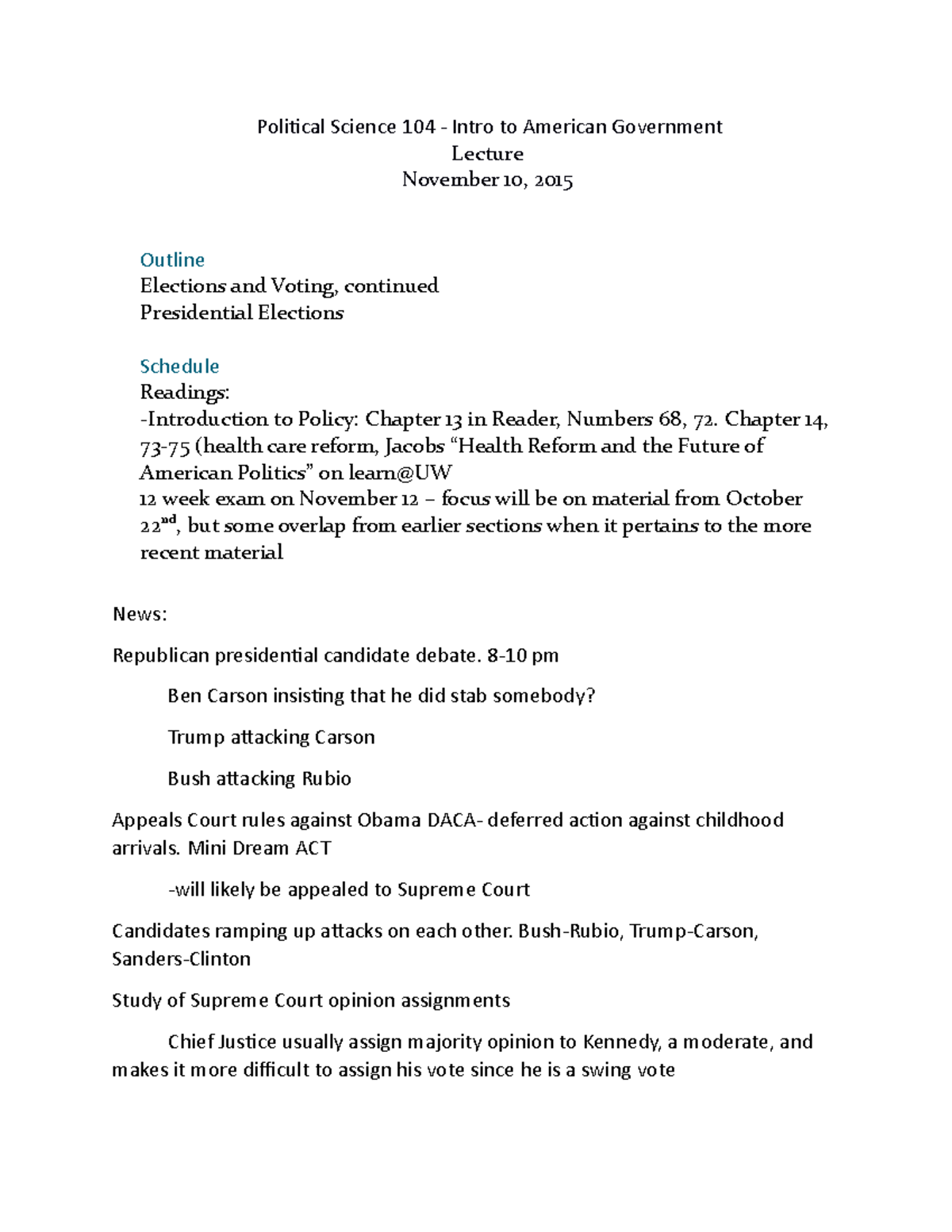 Lecture+Outline+November+10 - Political Science 104 - Intro to American ...