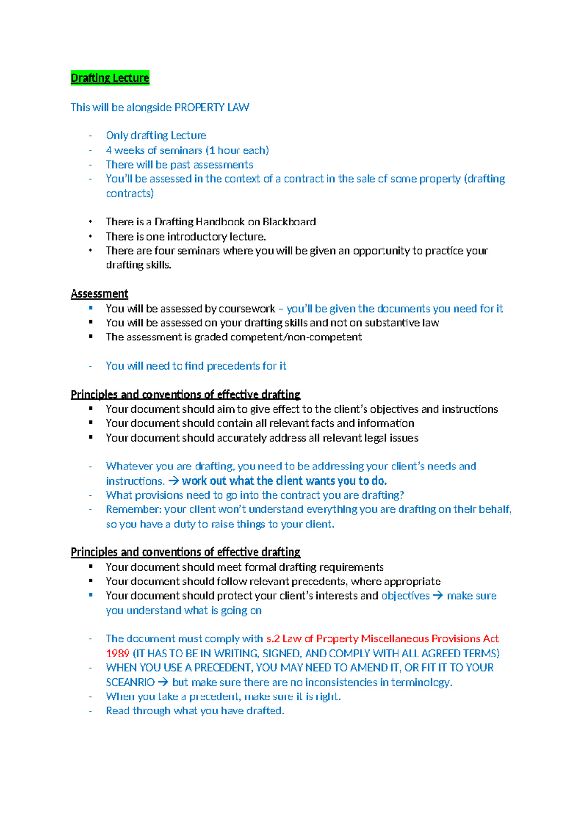Lecture 1 - Drafting Lecture This will be alongside PROPERTY LAW - Only ...