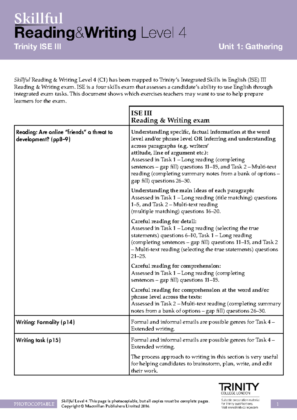 Skillful Reading and Writing 4 Trinity ISE III - Reading&Writing Level ...