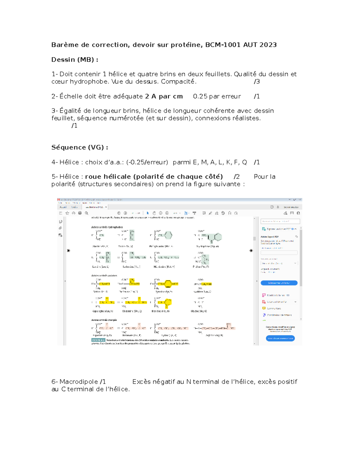 Bar Ã¨me de correction pour le devoir 2023 - Barème de correction, devoir sur protéine, BCM-1001 ...
