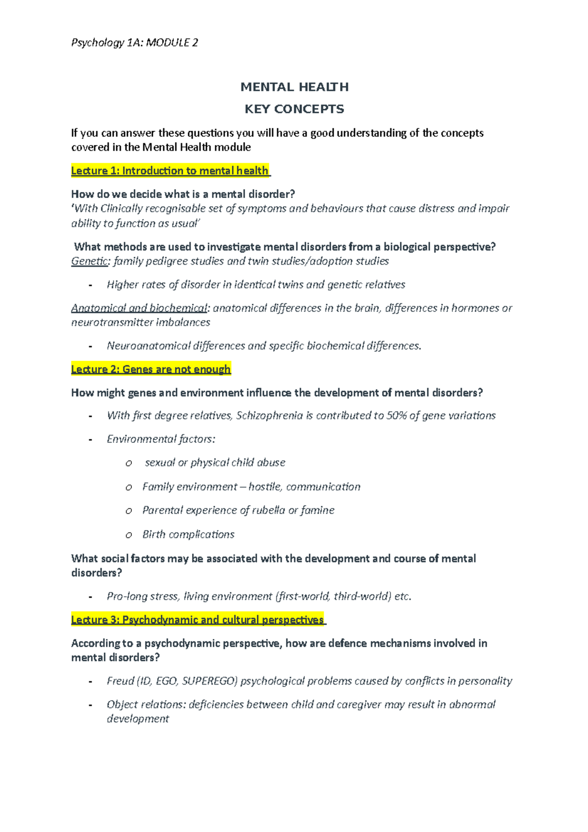 Mental health notes - Psychology 1A: MODULE 2 MENTAL HEALTH KEY ...