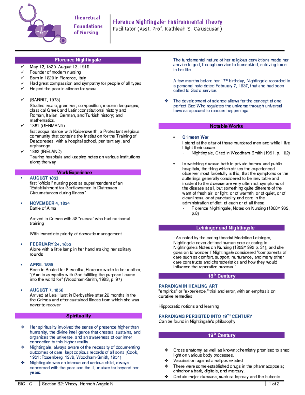 Florence Nightingale - LECTURE NOTES FROM OUR CLASS - BIO - C Section ...