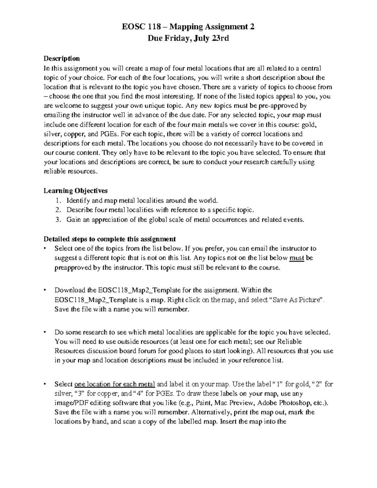 EOSC118 Mapping Assignment 2 fullassignment - EOSC 118 – Mapping Assignment 2 Due Friday, July ...