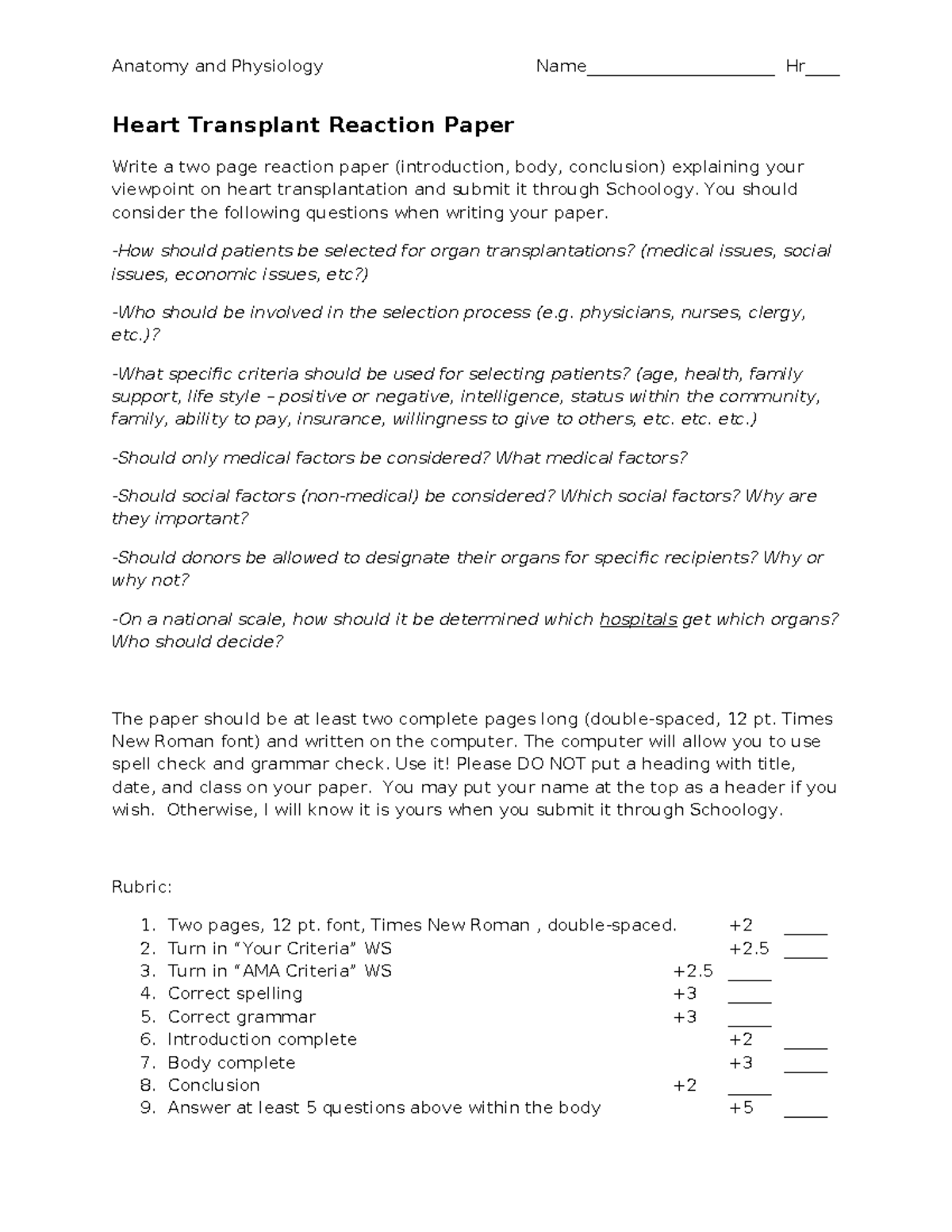 Heart Transplant Reaction Paper - Anatomy and Physiology Name ...