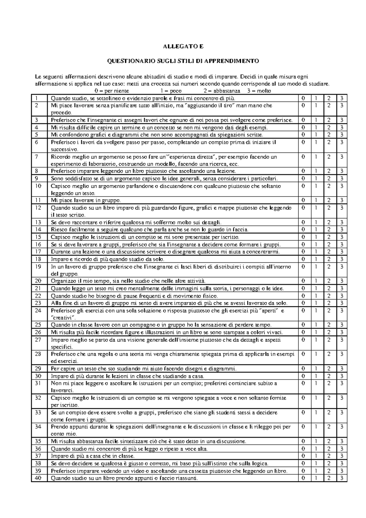 Questionario Stili Apprendimento - ALLEGATO E QUESTIONARIO SUGLI STILI ...